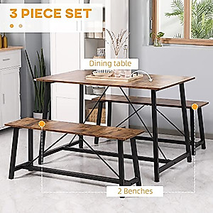 HOMCOM Industrial 3-Piece Dining Table Set, Rectangular Kitchen Table and Chairs for 4 People, Space-Saving Dinner Table with Two Benches, Rustic Brown