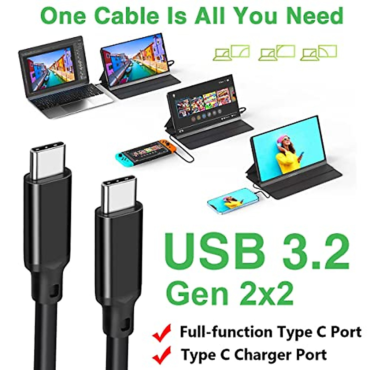 100W USB 3.2 Gen 2X2 Display Monitor Link Data Transfer Video Cable for Lepow Z1 15.6 In, InnoView, ASUS ZenScreen, KYY, Cocopar, Arzopa, AOC, ViewSonic Portable Monitor HDR Outputt Charger Power Cord