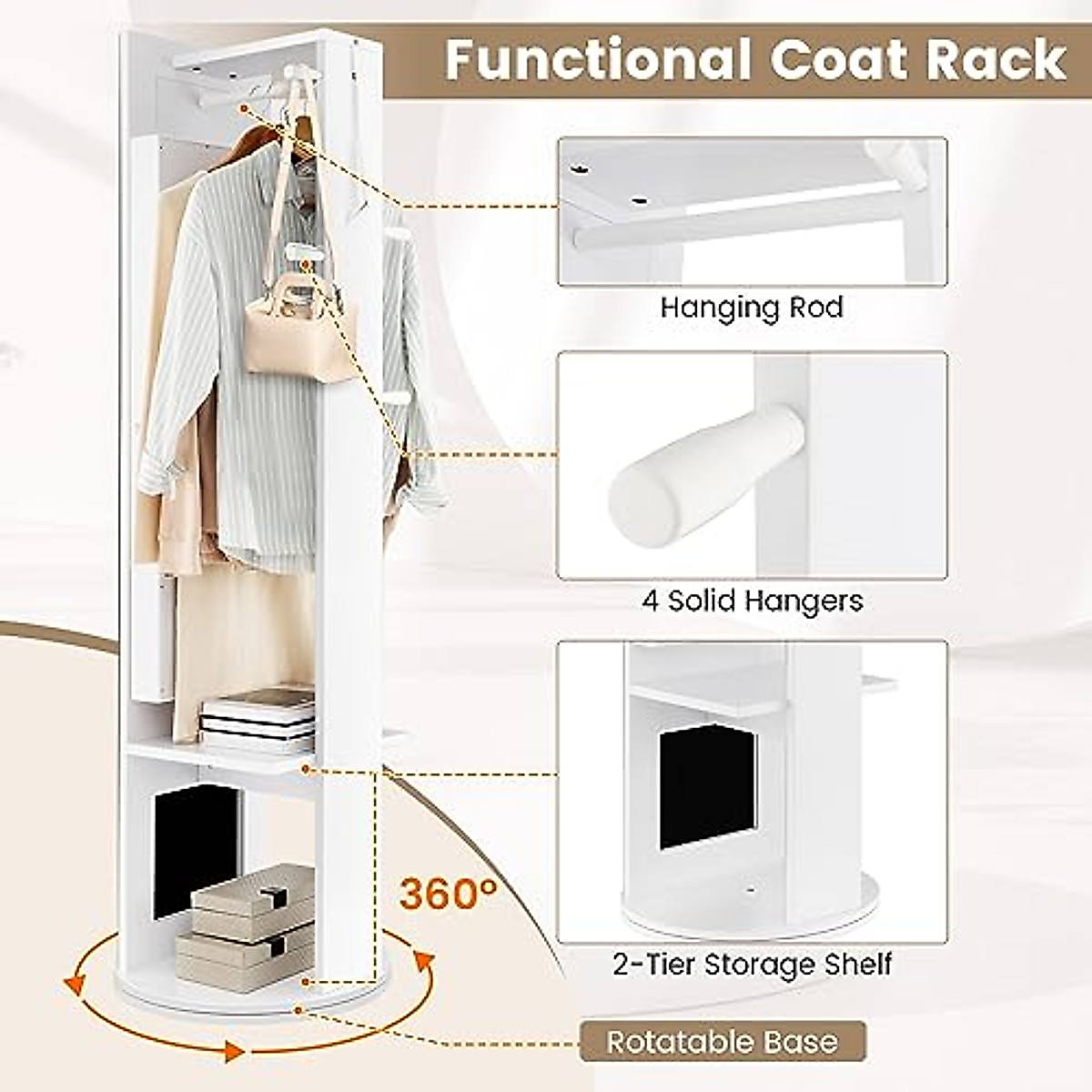 CHARMAID 65.5" H Jewelry Armoire with Full Length Mirror and Clothes Rack, Slide-Out Jewelry Cabinet with 3-Color LED lights, Rear Shelves, Hanging Rods, 360° Swivel Jewelry Organizer Storage (White)