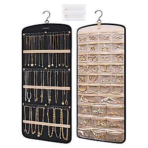 BAGSMART Hanging Jewelry Organizer, Necklace Holder Anti-tangle Earrings Rings Hanger with 20 Jewelry Bags Travel Storage Roll with Pockets Hang on Closet, Wall, Door,1 Piece, Large, Black