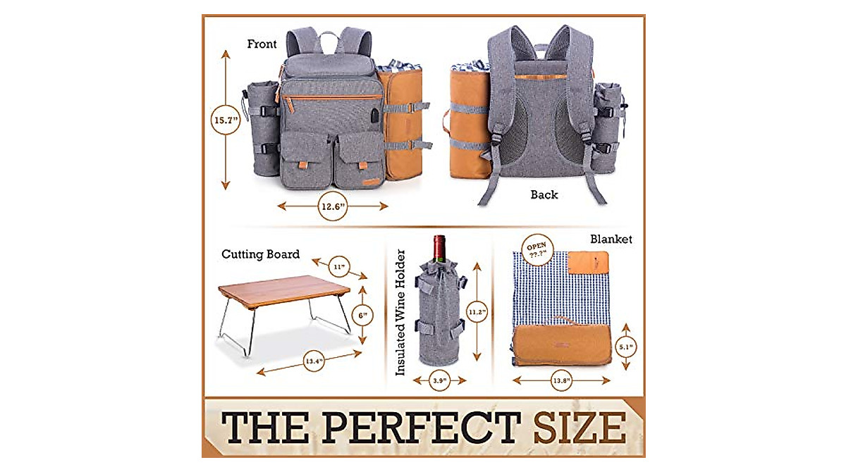 Family Picnic Backpack for 4 - Complete Outdoor Picnic Set in Gray