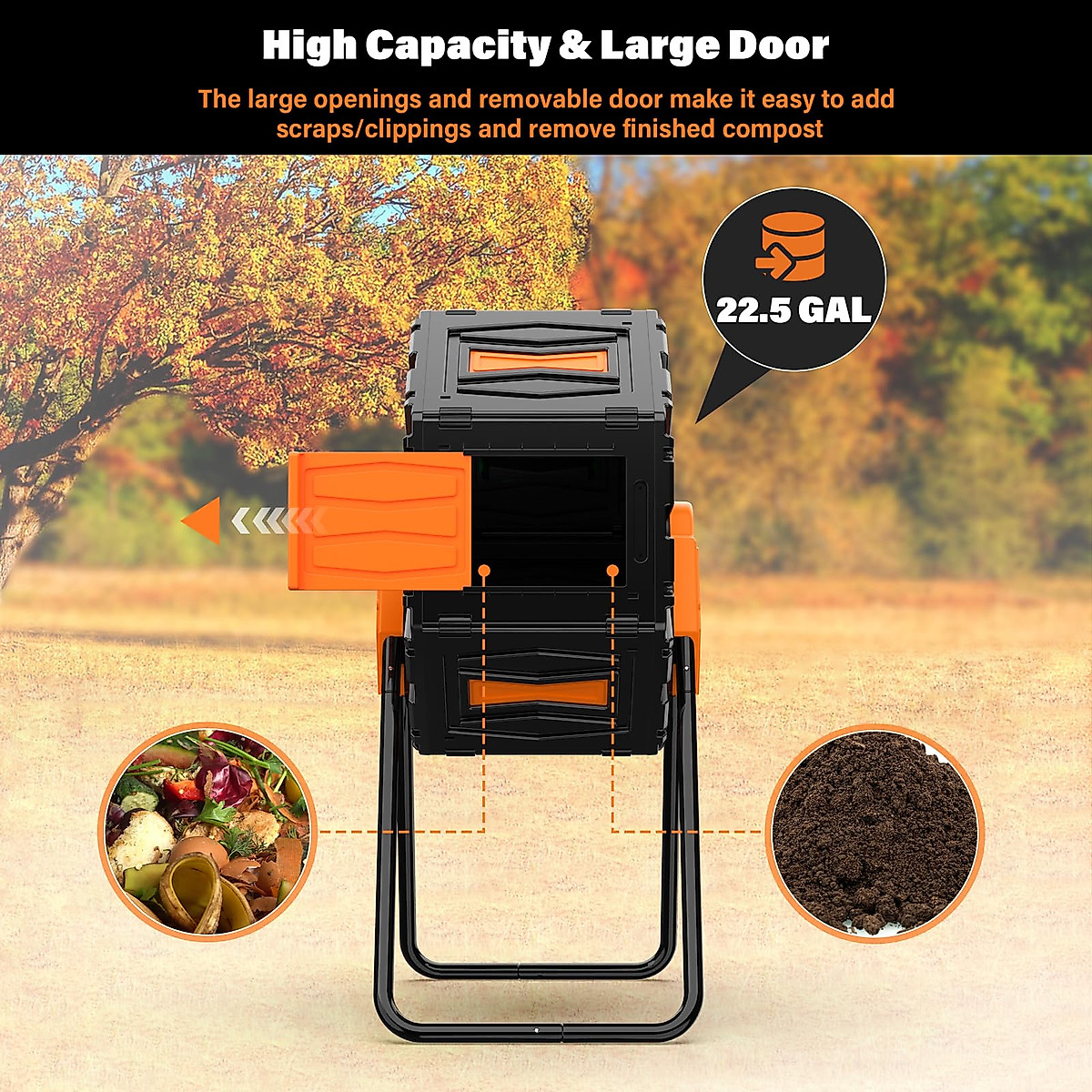 Marcytop Compost Tumbler, Easy Assemble & Efficient Outdoor Compost Bin, 22.5 Gallon/85 Liter High-Volume Tumbling Composter for Garden, Kitchen, and Yard Waste, Orange Door