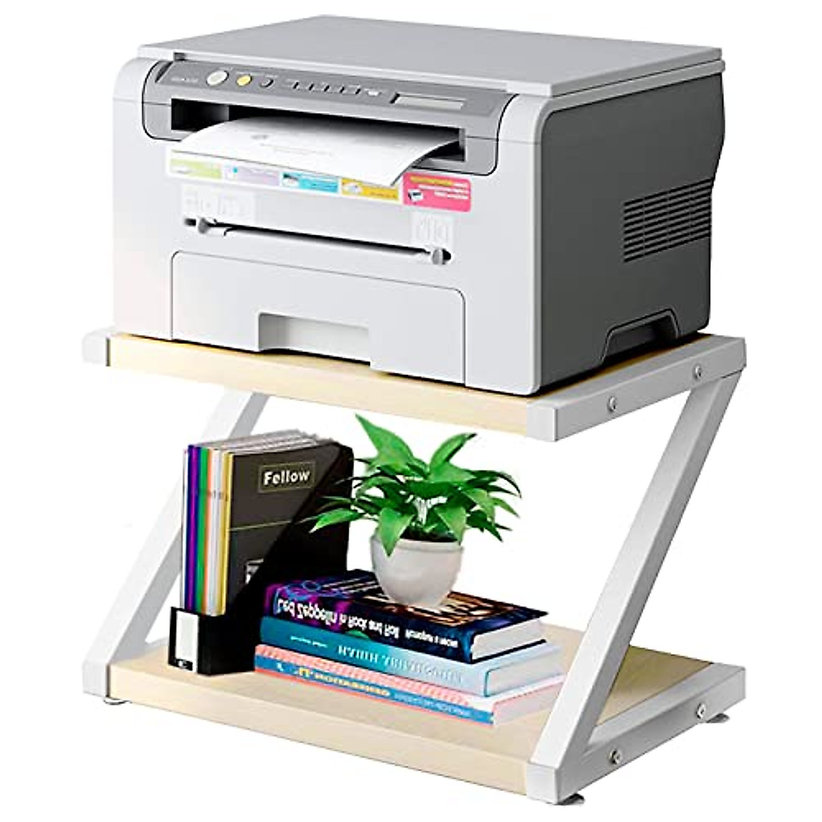 Olighan Desktop Printer Stand, Printer Stand with Storage ,Printer Shelf for Desk with Anti-Skid Pads Adjustable Feet,2Double Tiers Organizer Multi-Purpose Printer Rack for Home Office(Light Wood)