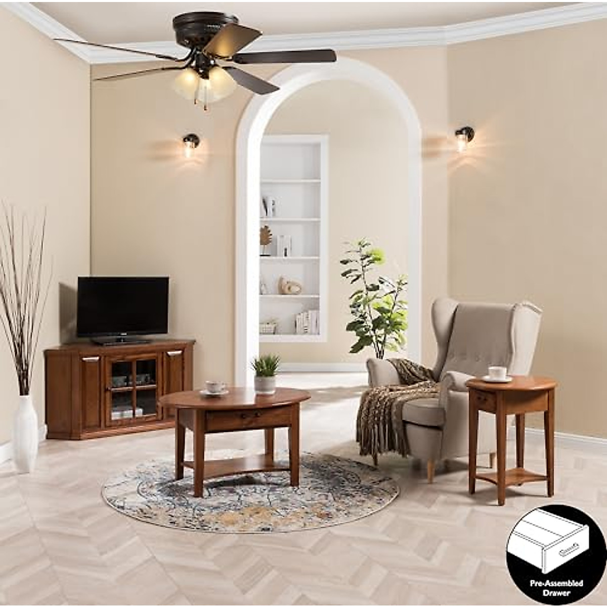 Leick Home 9042-MED One Drawer Oval Side Table with Shelf, Medium Oak