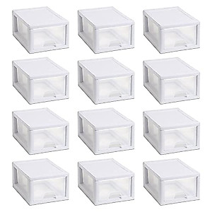 Sterilite Multipurpose Stackable Small Drawer Tote Containers with Reliable White Frame for Home or Office Organization, Clear (12 Pack)