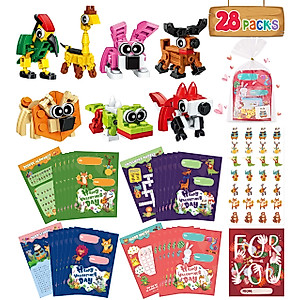 Valentines Day Gifts for Kids Classroom-28 Packs Animal Building Blocks with Kids Valentines Day Cards for School & Stickers, Class Valentines Gifts Boxes for Kids Boys Girls Party Favors Exchange