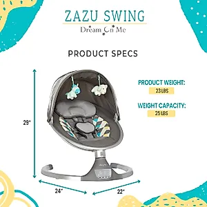 Dream On Me Zazu Baby Swing, Baby Swing for Infant, 5 - Swinging Speed, Two Attached Toys, Bluetooth Enabled and Remote Control, Grey and Blue