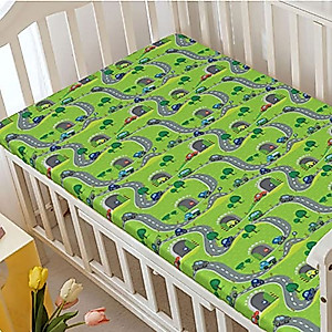 Car Race Track Themed Fitted Crib Sheet,Standard Crib Mattress Fitted Sheet Ultra Soft Material-Baby Sheet for Boys Girls, 28“ x52“,Multicolor