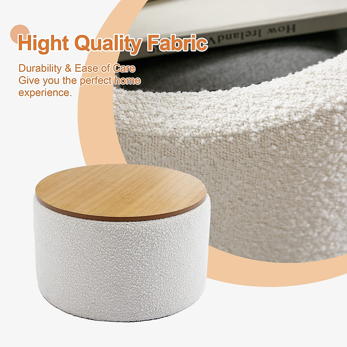 ONEVOG Large Ottoman Round Storage Ottoman with Wooden Lid, Living Room Round End Table No Assembly Required, Durable Boucle Fabric, Multipurpose End Table Support 300lbs