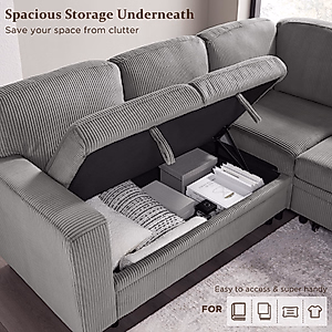 RedLemon 80'' Sectional Sleeper Sofa with Pull Out Couch Bed,L Shaped Couch with Storage Chaise & USB Charging Port, Convertible Comfy Sofa Couch for Living Room, Apartment, Corduroy, Light Grey