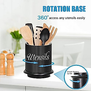 Y&ME YM Utensil Holder, 360° Rotating Kitchen Utensil Holder for Countertop, Bamboo Utensil Crock Utensil Caddy for Flatware, Cooking Utensil Organizer for Farmhouse Kitchen Decor (Black)