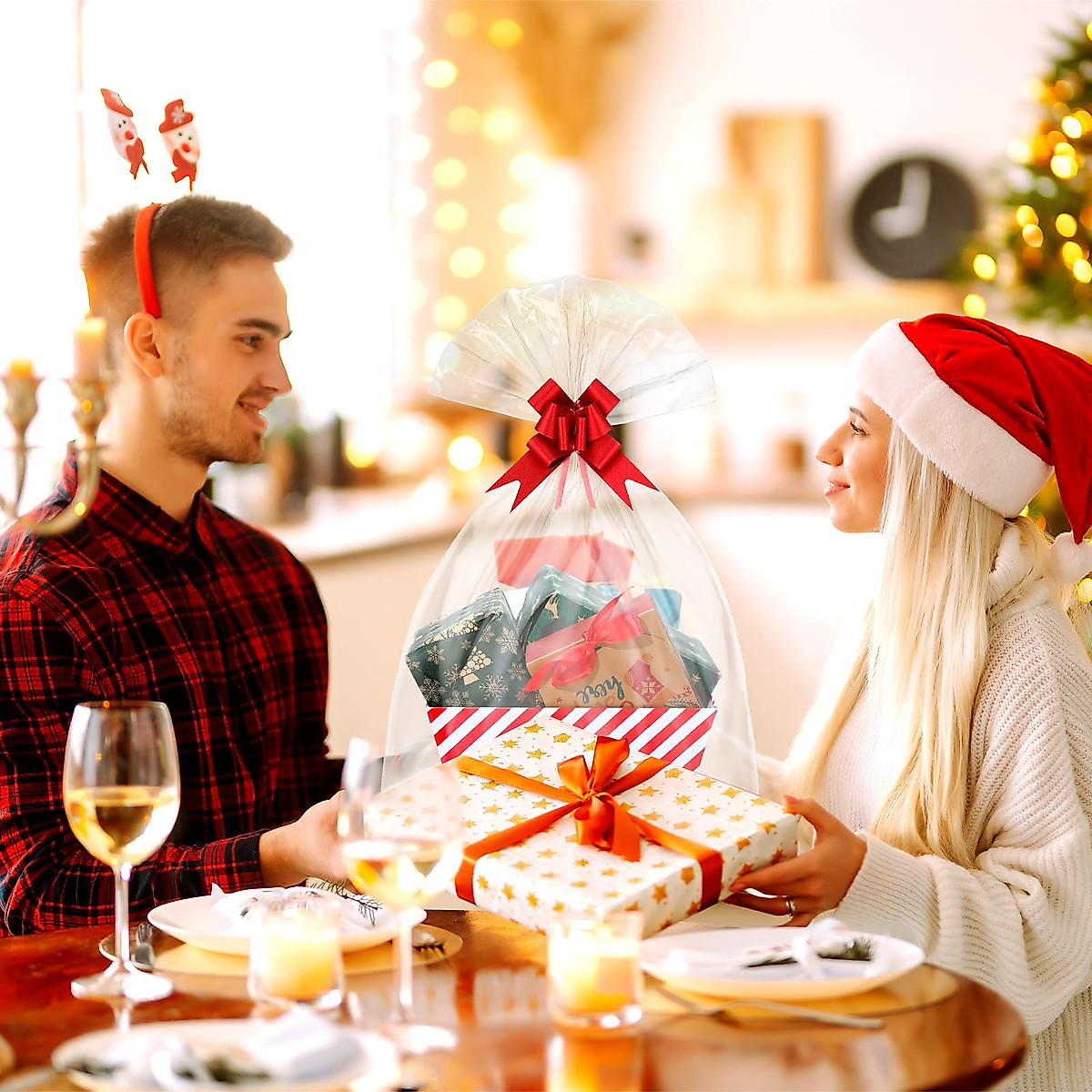 Wonderjune 12 Pcs Christmas Basket for Gifts Empty Set 9.8 x 8.3'' Large Empty Gifts Baskets to Fill,Red Candy Stripe Cardboard Basket with Handles Bows Plastic Bags for Xmas Party Holiday Decor