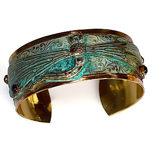 Elaine Coyne Collectible Artwear Patina Dragonfly Cuff Bracelet - Genuine Amethyst and Garnet - USA Made