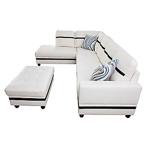 NOTOP 3-Piece Faux Leather L-Shaped Sectional Sofas, Button Tufted Upholstered Couch Set with Left Chaise Longue and Storage Ottoman, for Living Room, Home, Office, White-Black