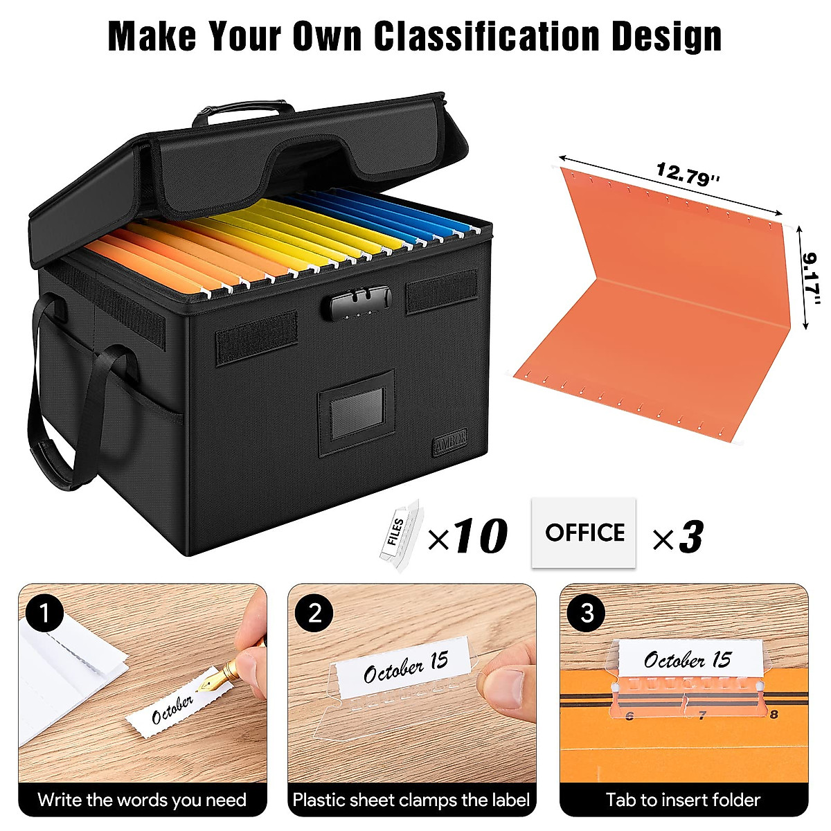 AMBOR File Box with 10 Packs File Folders(Letter Size), Fireproof File Document Box with Lock, Portable Filing Cabinet for Home Office, Document Organizer for File Folders/Certifications/Books