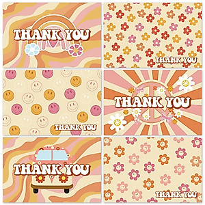 Whaline 36Pcs Groovy Retro Hippie Thank You Cards Thanksgiving Boho Floral Greeting Cards with Envelops and Stickers Rainbow Flower Note Card for Birthday Wedding Bridal Shower Party Decor, 4 x 6inch