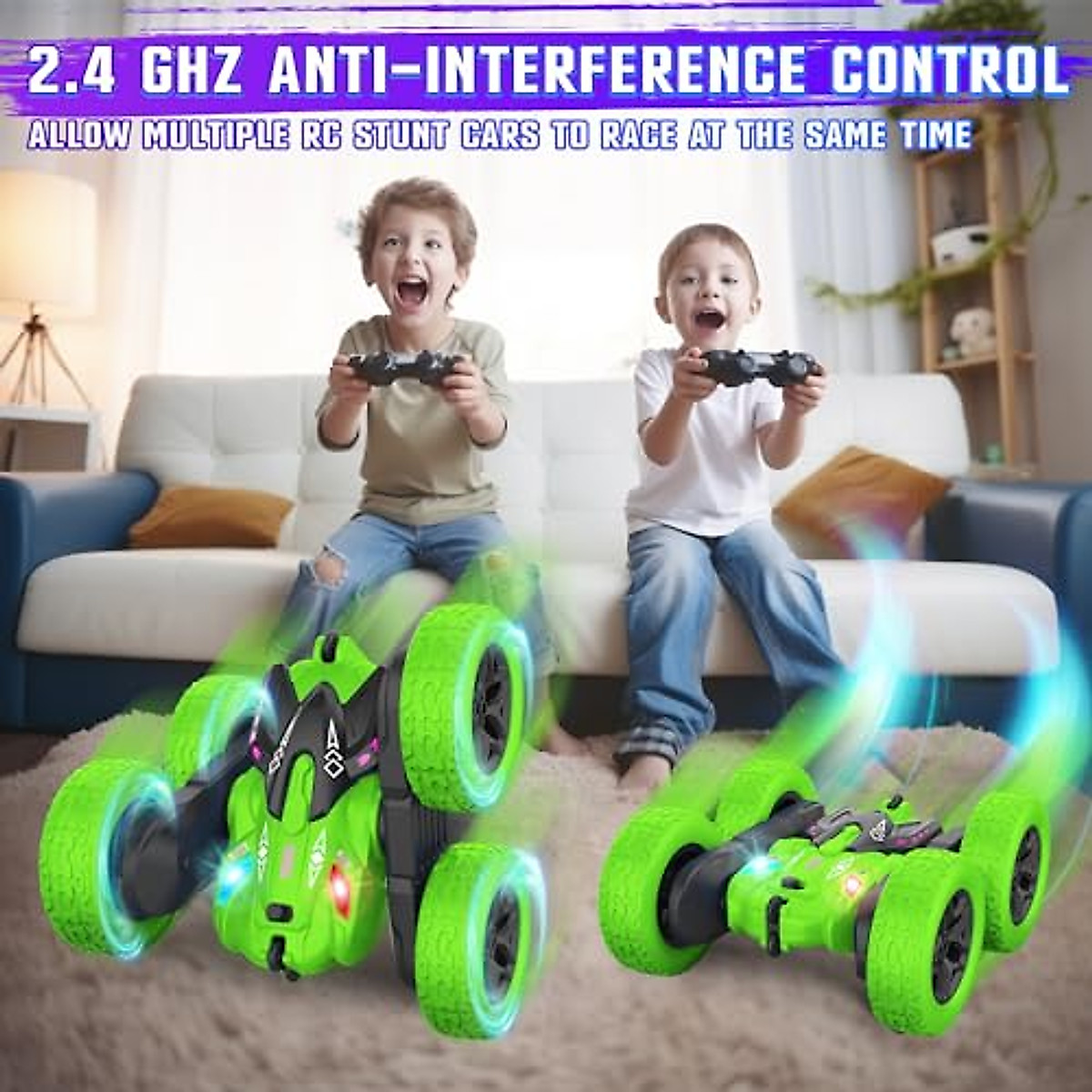 Terucle Remote Control Car, RC Cars Stunt RC Car Toys Double-Sided 360° Rotating Headlights Upgraded 4WD Rc Drift Truck Kid Toys for Boys 8–12 Year Old Remote Control Toys (Green)