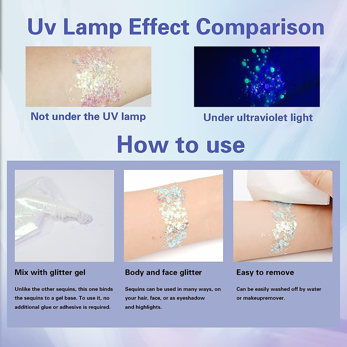 HOSAILY Glow in The Dark Face Body Glitter Gel, UV Body Glitter Glow in The Dark, Sparkling Neon Body Glitter for Women, Luminous Sequins Chunky Glitter Makeup Festival Party Rave Accessories (White)