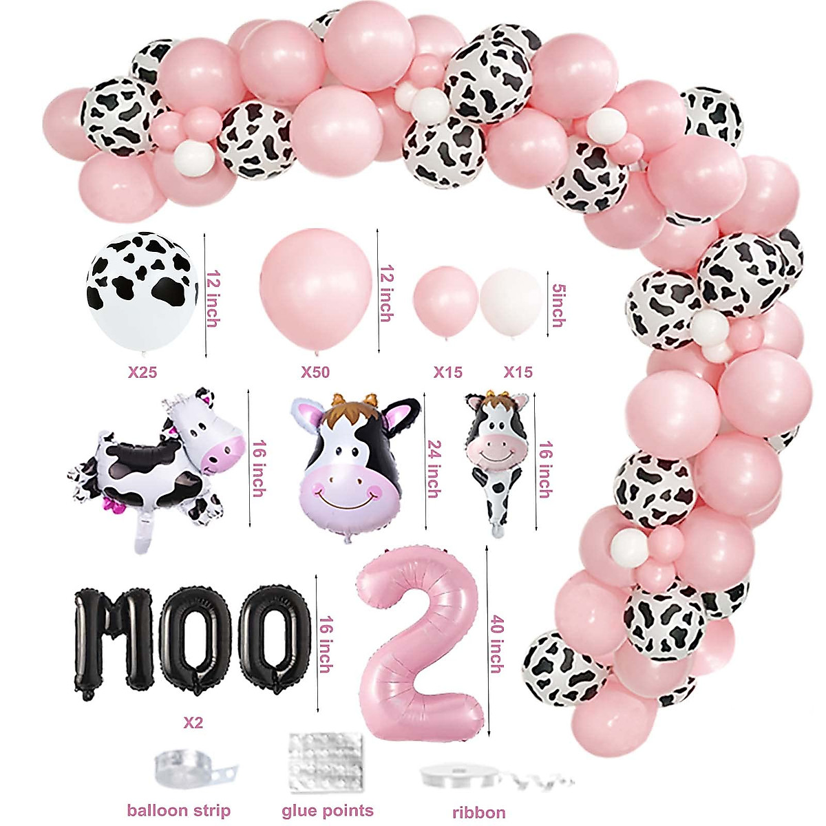 134 PCs Moo Moo I’m Two Birthday Decorations, Fiesec Cow 2nd Birthday Party Supplies for Girls Hanging Swirl Balloon Garland Arch Glitter Banner Cake Cupcake Topper Cow Print Pink White Black