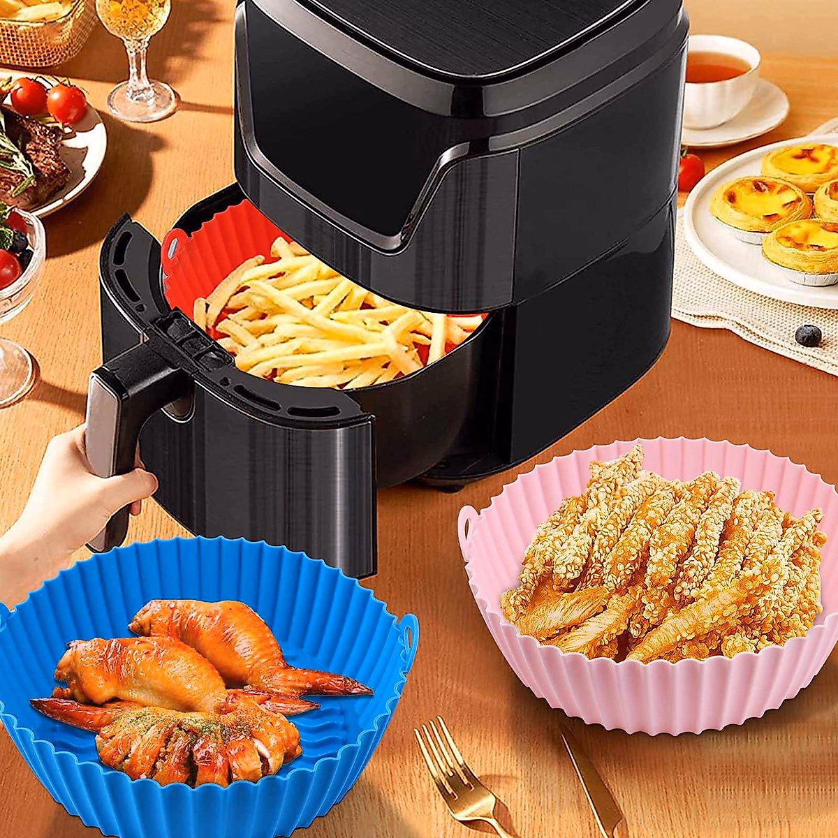 PAMTOL Reusable Silicone Air Fryer Liners 7.5inch, For 3-5QT Airfryer - Non-stick, Easy to clean, Heat Resistant, Silicone Air Fryers Baskets, Silicone Pots for Air Fryer, Oven, 2Pack(Red & Blue)