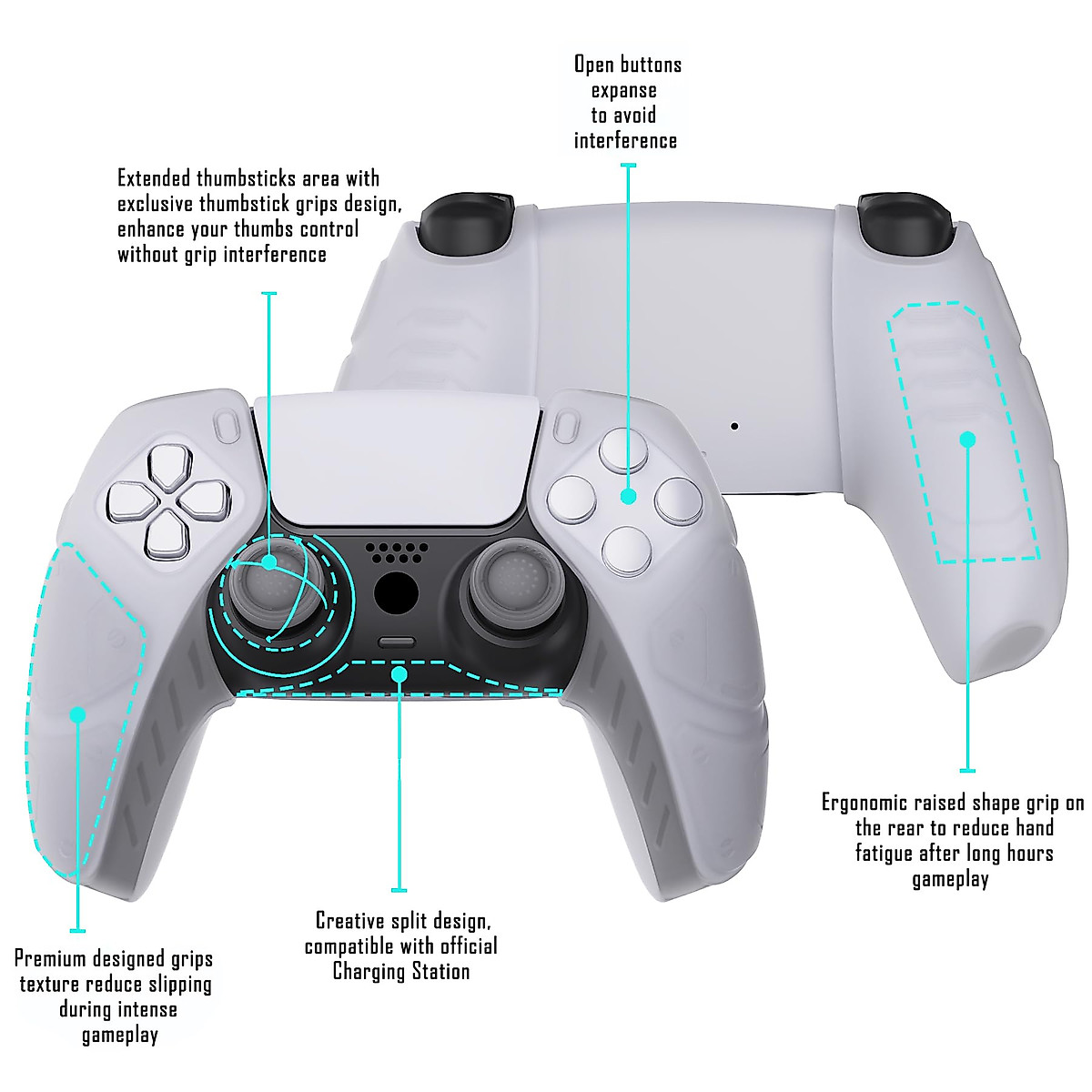 PlayVital Mecha Edition Clear White Ergonomic Soft Controller Silicone Case Grips for ps5, Rubber Protector Skins with Thumbstick Caps for ps5 Controller - Compatible with Charging Station
