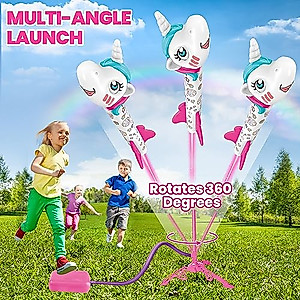 YOTOY Unicorn Rocket Launcher for Kids - Fun Outdoor Toys Launch of up to 100 Ft, 3 Unicorn Rockets, Gifts for 3 4 5 6 7 Years Old Girls and Boys