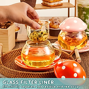 Tessco 2 Pieces Mushroom Cup Cute Glass Tea Cup Mushroom Mug with Filter Infuser and Lid Mushroom Coffee Teapot with Ceramic Lid Coaster Heat Resistant for Christmas, 9.6 oz(Pink, Orange)