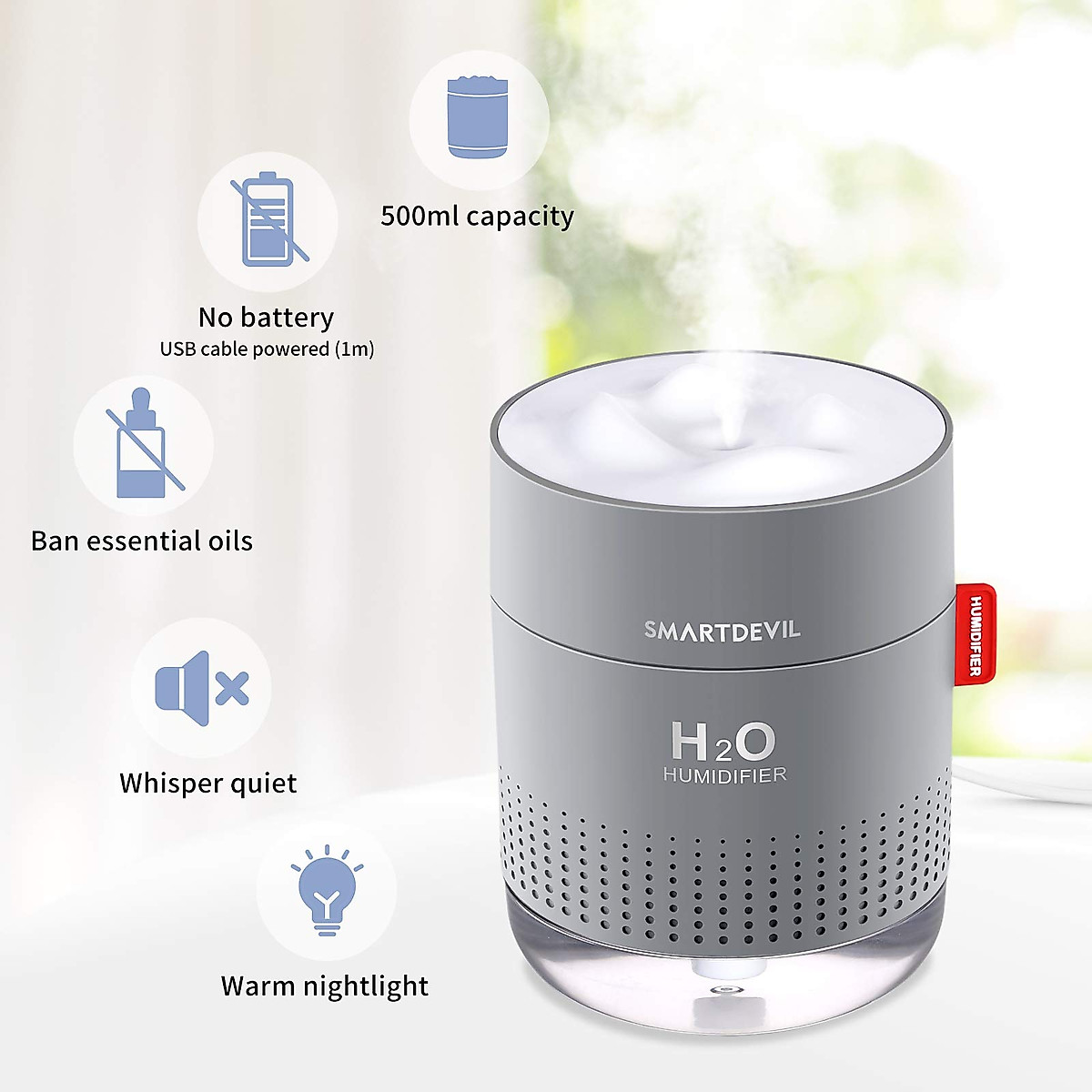SmartDevil Small Humidifiers, 500ml Desk Humidifiers, Whisper-Quiet Operation, Night Light Function, Two Spray Modes,Auto Shut-Off for Bedroom, Babies Room, Office, Home (Gray)