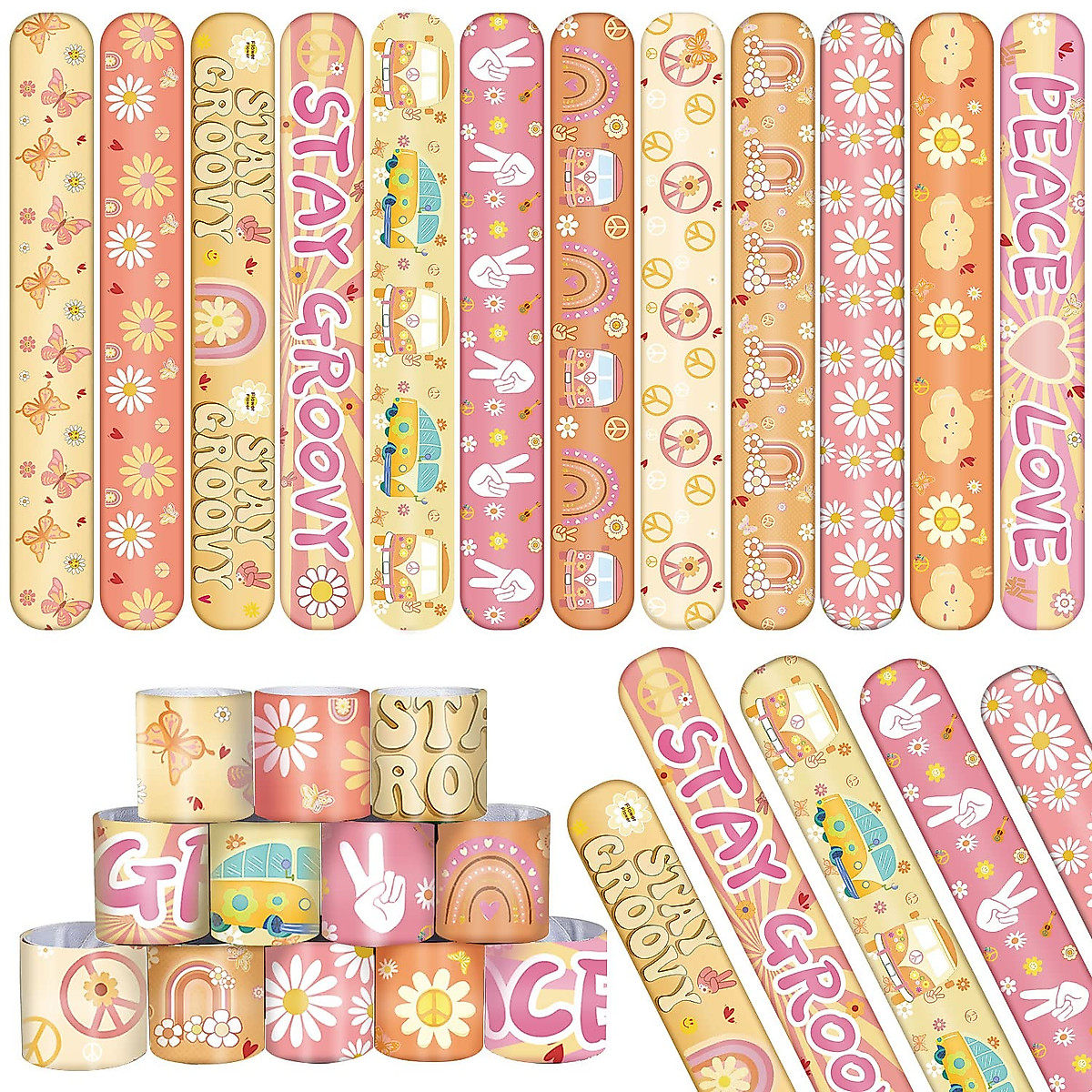 YYMYMGJ 60 Pieces Groovy Slap Bracelets Hippie Boho Wristbands Daisy Flower Peace Rainbow Butterfly and Love Bracelets for 60s 70s Groovy Party Favors Gifts Birthday Party Supplies Decorations