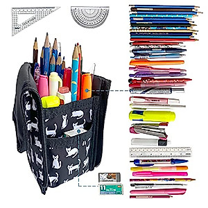 SEESOCUE Standing Pencil Case Large Capacity Pen Bag for Office Adult Big Storage Markers Holder for College Students Pencil Pouch for Girls & Boys School Stationery Organizer (Black Cats)