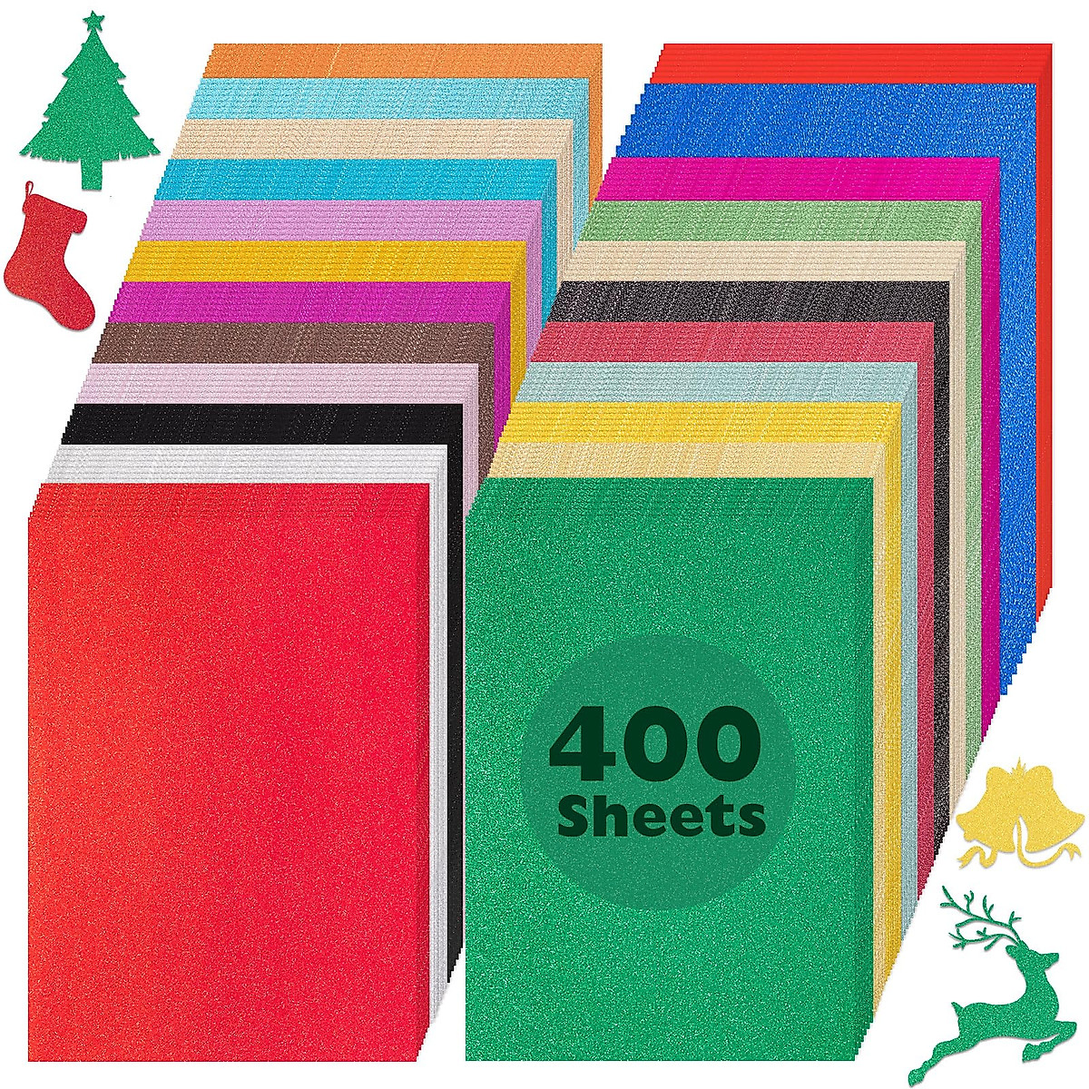 Zhanmai 400 Sheets Christmas Glitter Cardstock Paper Bulk, 11.7 x 8.3 Inch 250 GSM Sparkly Card Stock Paper for Crafts DIY Party Autumn Christmas Holiday Supplies(Multicolor)
