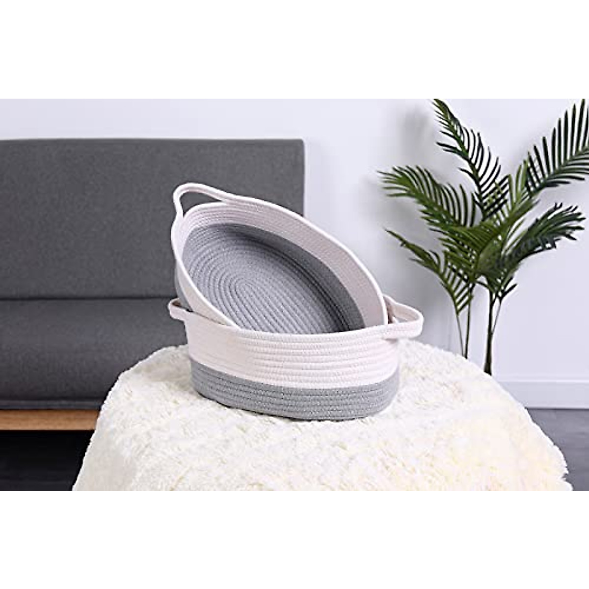ZFRXZ 2-Pack Small Woven Basket | Cute Gray Rope Basket | Oval Basket | Shelf Storage Basket | Chest Box| Empty Gift Baskets with Handles, 14"x 9.8" x 5" Cube Bins Organizer(White-Gray)