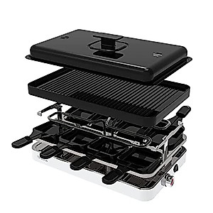 TinaMros 3 Layers with Lid 1500W Portable Non-Stick Reversible 2 in1 Electric Raclette Grill Table for 8 Paddles and Person