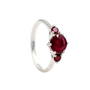 925 Sterling Silver Natural Red Ruby Gemstone 7 MM Round Cut July Birthstone Three Stone Cluster Unisex Ring For Birthday Gift (Rhodium Plated Silver, 6)