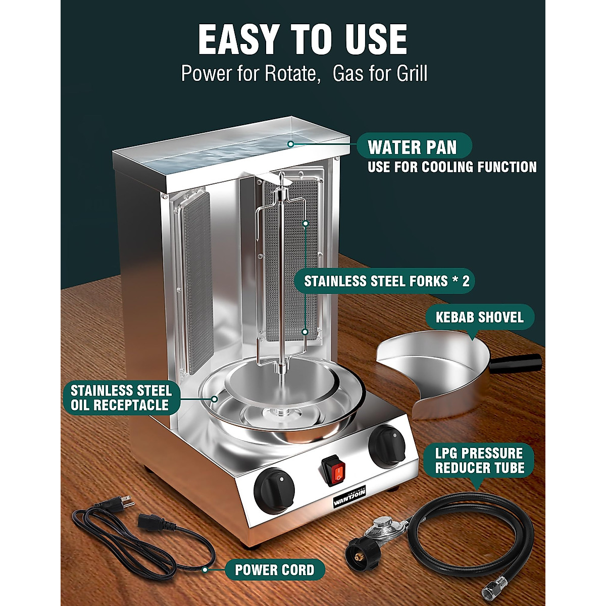 WantJoin Shawarma Grill Machine, Gas Vertical Rotisserie with 2 Burners for Home, Countertop Rotating Doner Kebab Oven Broiler Gyro Maker with Shovel, 11.6 * 11.8 * 19 inches, 110V