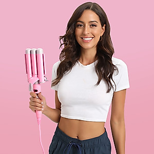 COPOL 3 Barrel Hair Curlers, 32mm Beach Waves Curling Iron Curling Wand for Long Hair with Temperature LED Indicator/Adjustable Bracket/Heat Proof Glove. 80-210℃Heat Up Quickly Curling Iron