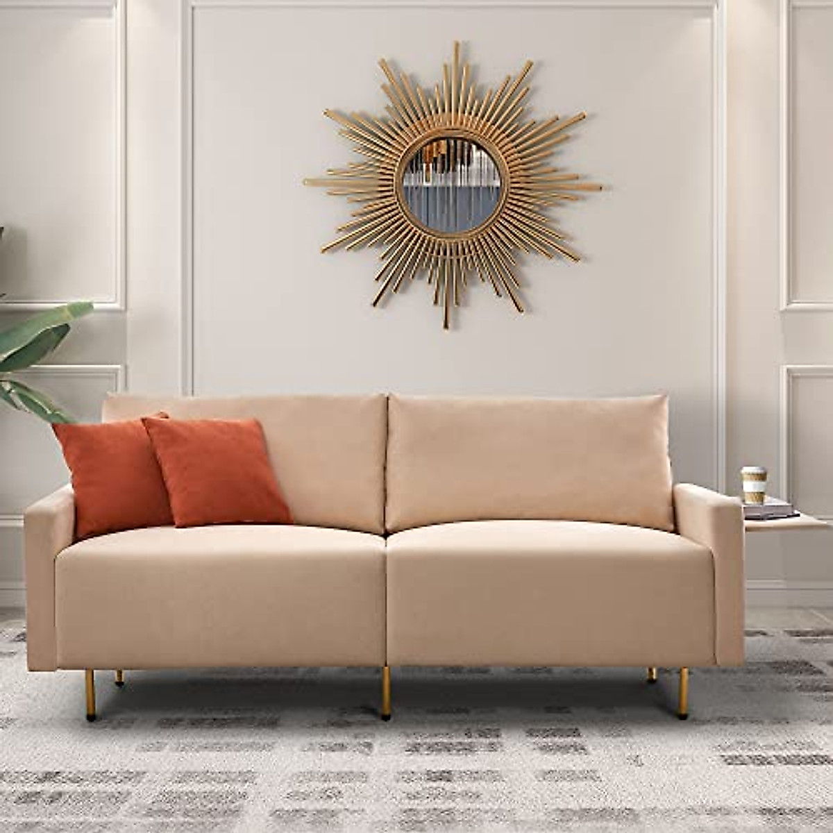 BAMOOLI 72.8'' Loveseat Sofa Couch, Mid Century Modern Linen Fabric Love Seat Sofa, Luxury 2 Seater Couch with Gold Metal Legs & 2 Throw Pillows, Comfy Couch for Living Room, Apartment, Office, Beige