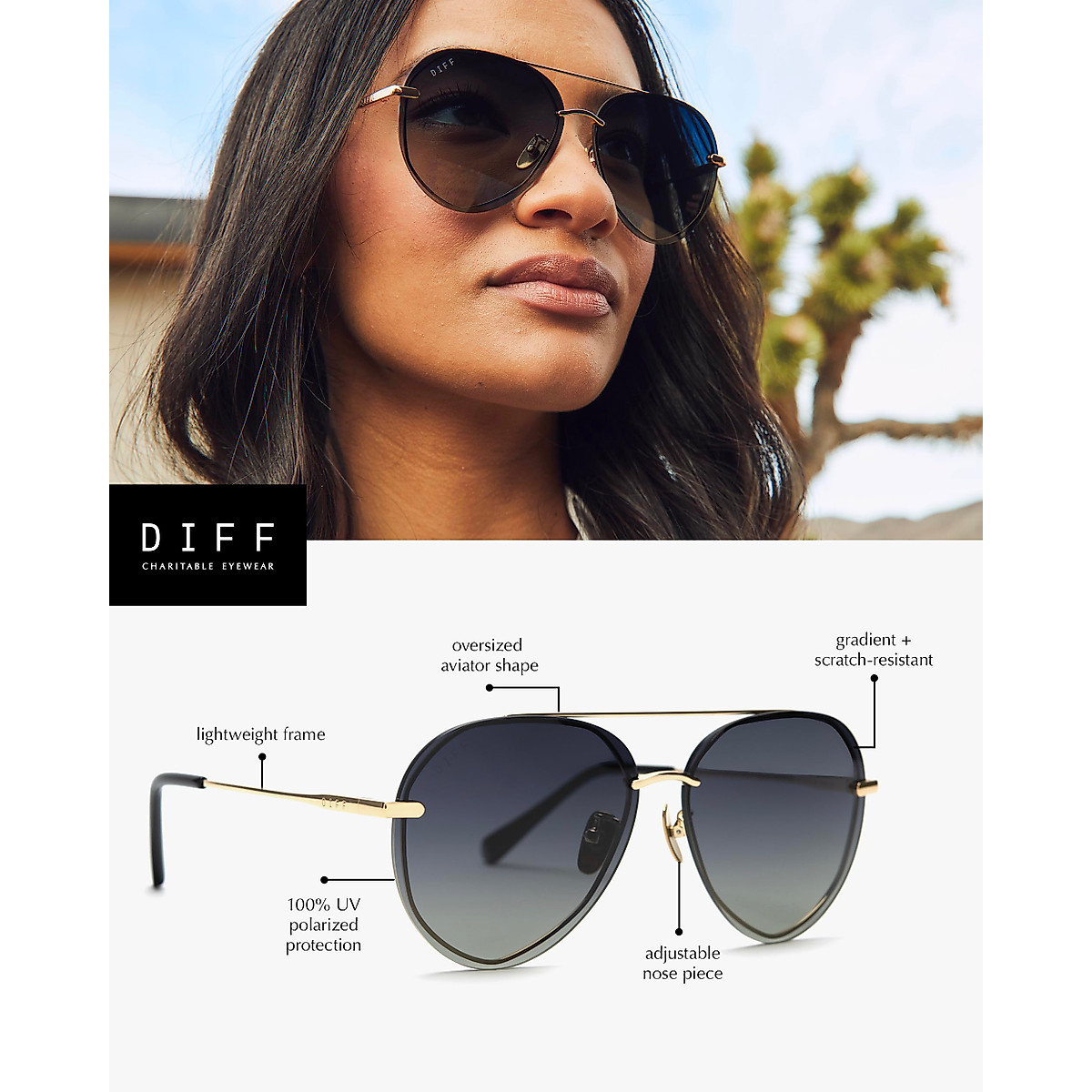 DIFF Lenox Gold + Black Grey Gradient, Designer Oversized Aviator Sunglasses for Women UV400 Polarized Protection