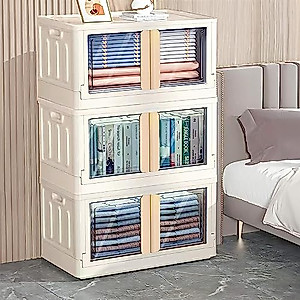3Pcs Lidded Home Storage Bins with Lids for Cabinet 8.5Gal Stackable Closet Organizer on Wheel for Clothes Organizing Containers with Handle,Collapsible Storage Box for Snacks Pantry Bedroom Dorm