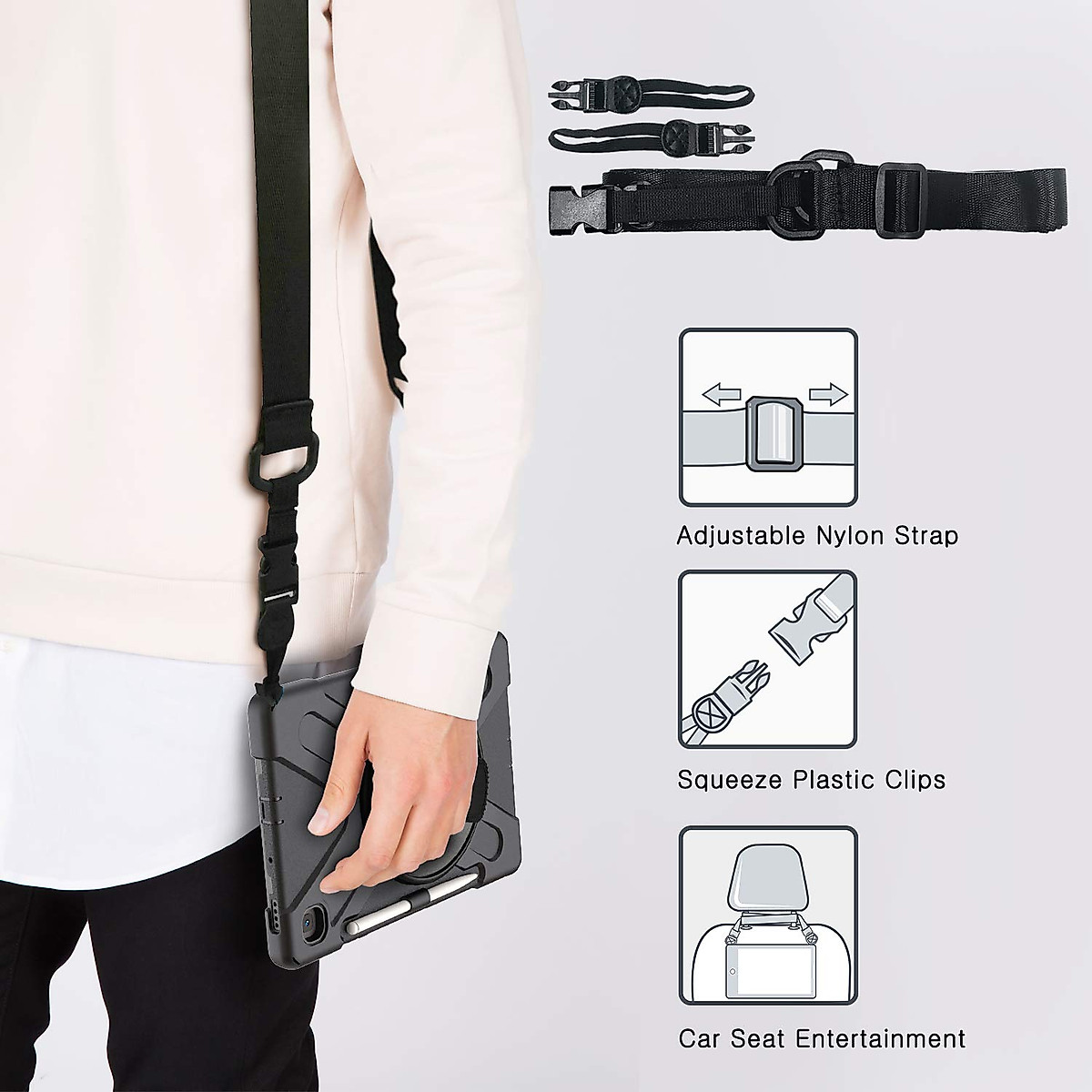 BRAECN for Galaxy Tab S6 Lite Case 2024/2020/2022,Heavy Duty Rugged Shockproof Case with Hand Strap, Shoulder Strap, Kickstand, S Pen Holder for Samsung Tab S6 Lite 10.4 Inch Tablet SM-P610 -Black