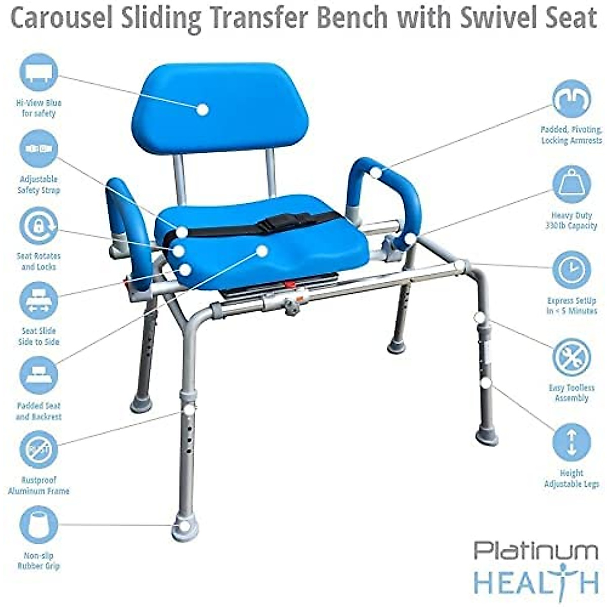 Carousel Sliding Shower Chair Transfer Bench with Swivel Seat, Premium Padded Bath, with Pivoting Arms, Adjustable Space Saving Design for Tubs, Shower, for Handicap & Seniors, Gray