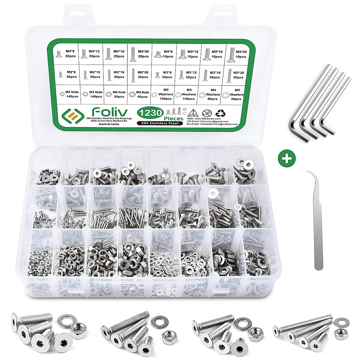 FOLIV Flat Head Socket Cap Screws, 1230PCS M2 M3 M4 M5 Bolts Nuts Washers Assortment Kit, Allen Socket Drive, 304 Stainless Steel