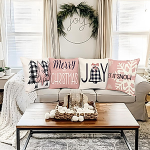 Geefuun Rose Gold Christmas Pillow Covers 18 x 18 Decorations Indoor Home Pink Decor Set of 4 - Xmas/Holiday/Winter Bedroom Decorative Pillowcase for Couch, Bed（No Fillers）