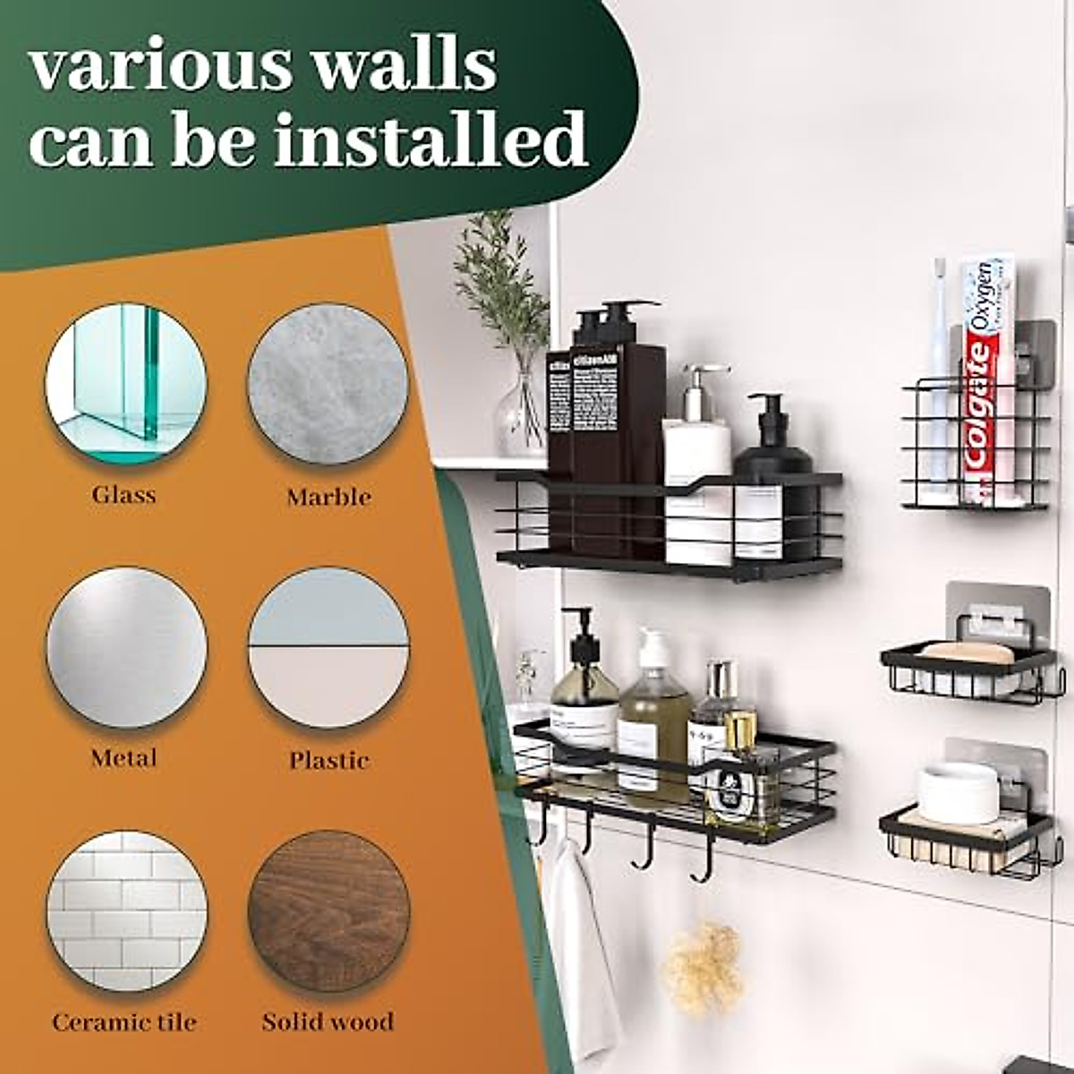 BTSD-home Shower Caddy Bathroom Organizer 5 Pack Rustproof Shower Rack Adhesive Shower Shelves with 4 Hooks, 2 Soap Holder, 1 Toothbrush Holder, Stainless Steel for Home Decor Bathroom Accessories