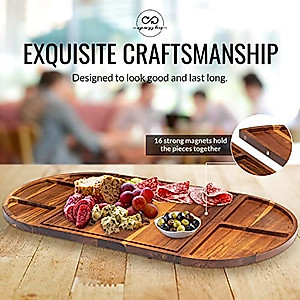 Synergy Loop Large Charcuterie Board & Cheese Board - 3 Part Unique Long & Round Magnetic Set - Acacia Wood Grazing Board - Extra Large Wooden Serving Board Platter - 26x13