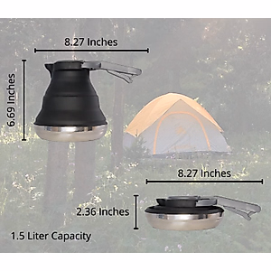 White Pine Collective Black Collapsible Silicone Kettle 50.72 oz - camping coffee pot, travel kettle, collapsible kettles for boiling water, small portable silicone tea kettle, outdoor camp pot