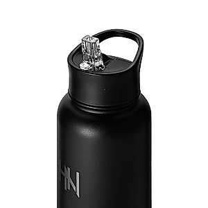 Hydrazen Black Sports Water Bottle With Storage -32 Oz, 3 Lids (Straw Lid, Locking Lid), Cleaning Brushes, Double Walled, Vacuum Insulated Stainless Steel, Thermos, Leak Proof, Flask Water bottles
