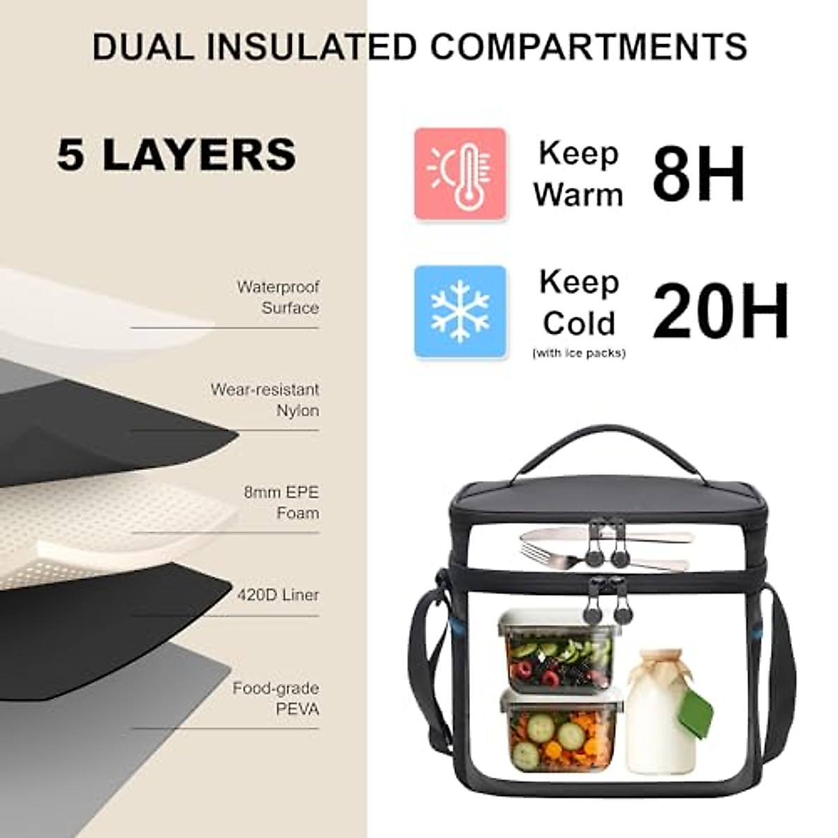EVERFUN Insulated Lunch Bag Soft Lunch Box for Men Dual Compartments Small Lunch Box Collapsible Waterproof Leak-Proof for Work, Black