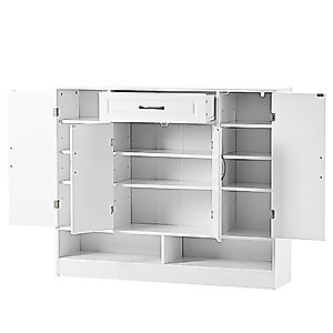Modern Shoe Cabinet with Adjustable Shelves and Sturdy Top Surface, Wood Sideboard with 1 Drawers, Multifunctional Storage Cabinet for Entrance Corridor Bedroom (White + Particle Board-035)