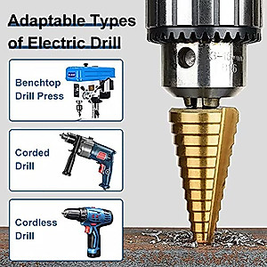 Reeson Step Drill Bits 5pcs 50 Sizes Unibit High Speed Steel Titanium Coated Double Cutting Blades for Sheet Metal Hole Drilling Cutting with Automatic Center Punch